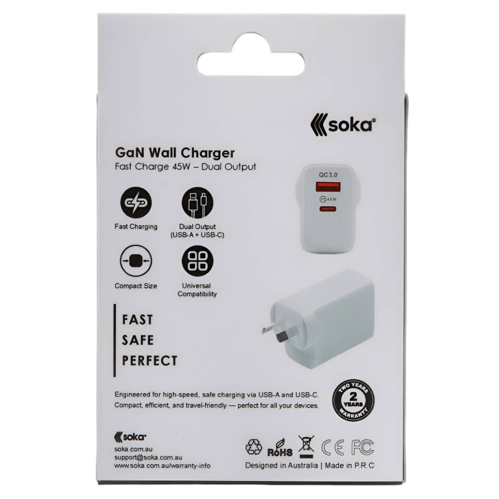Soka 45W Gan3 Fast Wall Charger Adapter [USB C + USB A] – White – SOKA ...